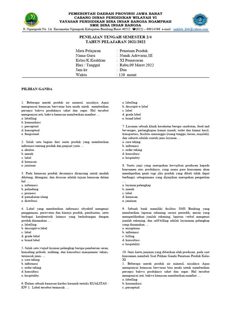 Soal Pts SMT Genap Penataan Produk Xi Pms (Feb 2022) | PDF