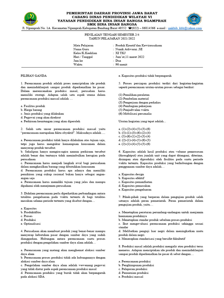 Soal Pts SMT Genap Xi TKJ 1234 (Feb 2022) | PDF