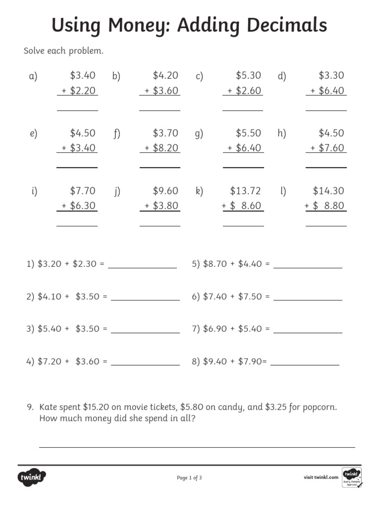 Using Money Adding Decimals Activity | PDF | Teaching Methods & Materials