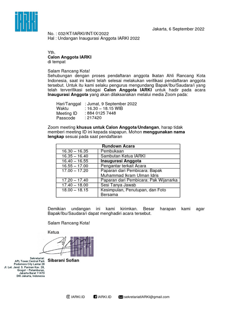 032 - KT - IARKI - INT - IX - 2022 - Undangan Inaugurasi Batch 2 2022 | PDF