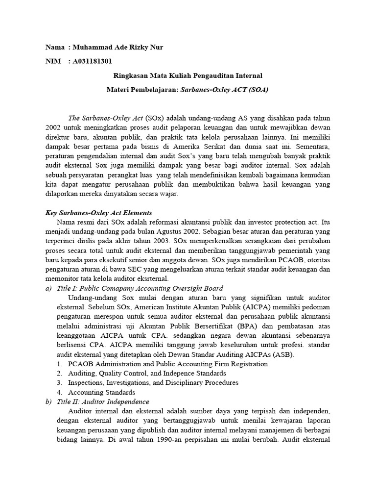 RMK Pengauditan Internal - Ch.4 Sarbanes-Oxley ACT (SOA) | PDF