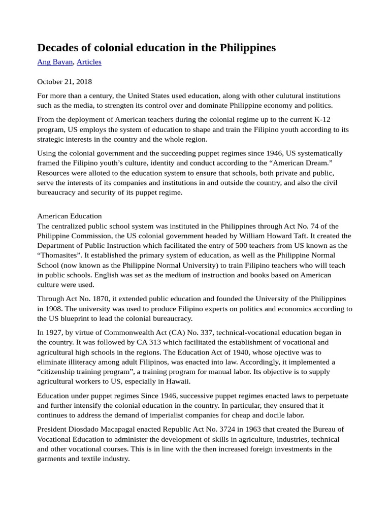 Decades of Colonial Education Oct 2018 | PDF | Philippines | Vocational ...
