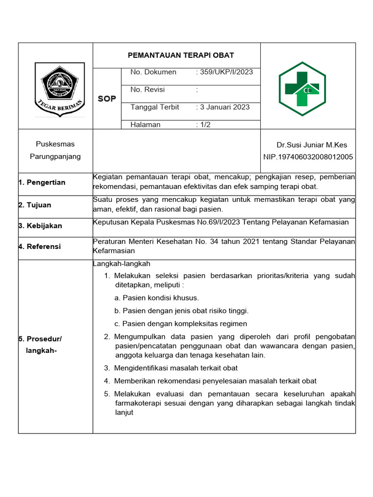 (Fix) SOP PEMANTAUAN TERAPI OBAT | PDF