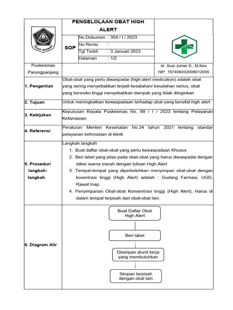 (Fix) SOP PENGELOLAAN OBAT HIGH ALERT | PDF