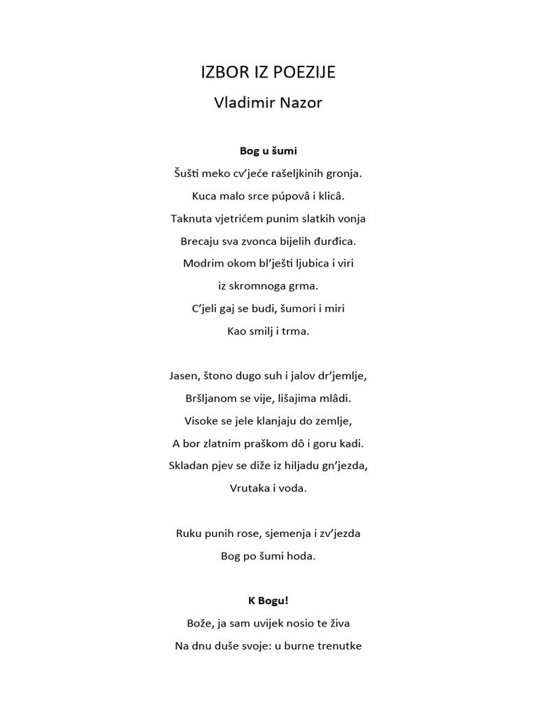 IZBOR IZ POEZIJE, Vladimir Nazor, Pjesme Po Izboru | PDF