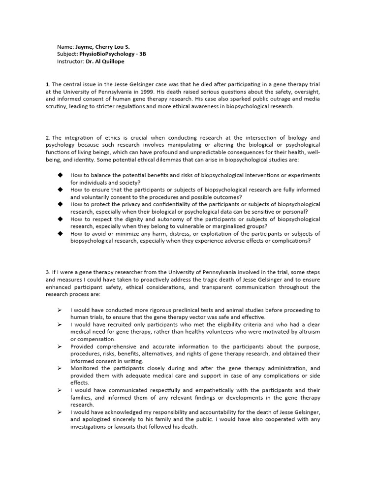 Ethics in the Jesse Gelsinger Case | PDF | Informed Consent | Gene Therapy