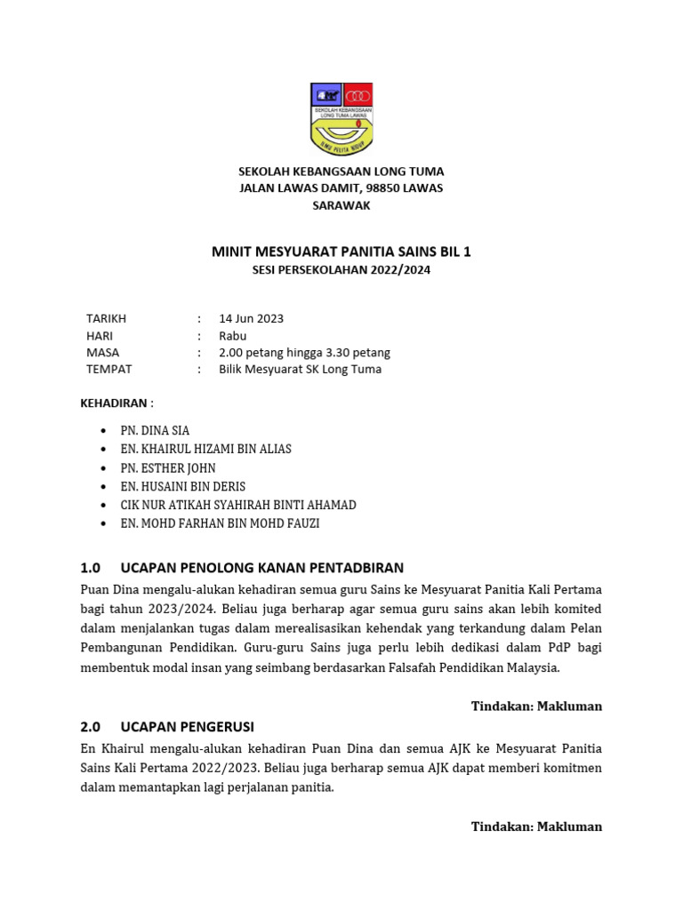 Minit Mesyuarat Bil 1 2023-2024 | PDF