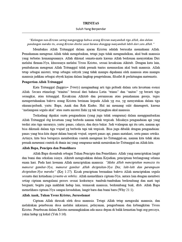 Materi Katekisasi Pertemuan Ke 3 (Trinitas Dan Tabiat Yesus) | PDF