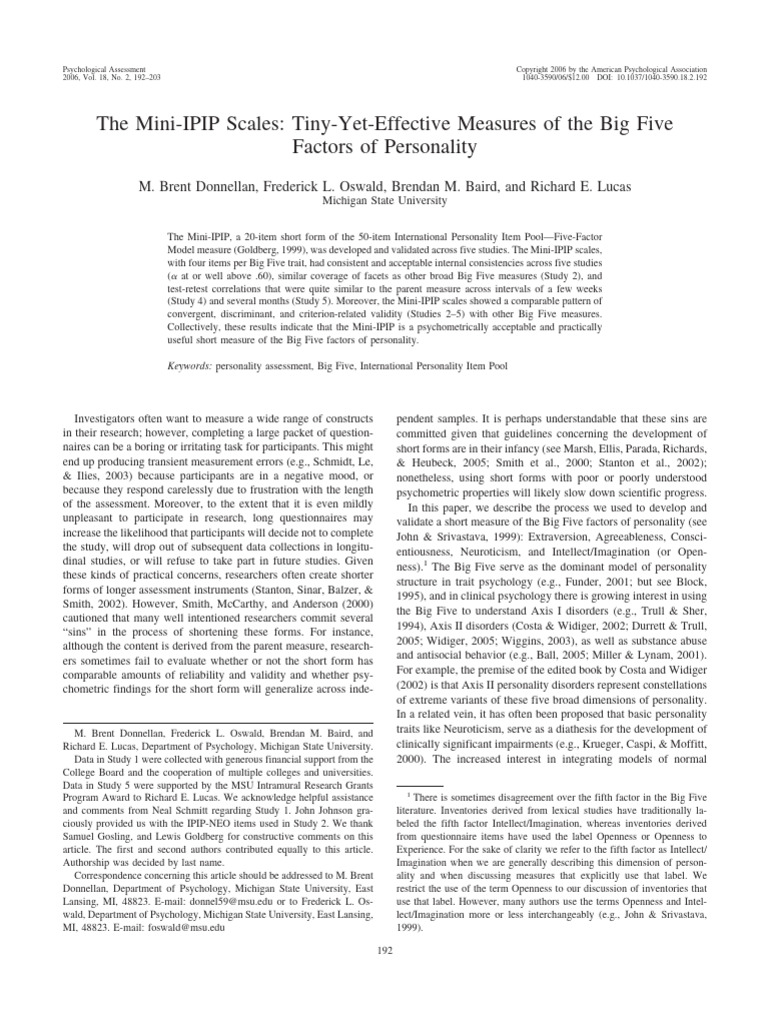 The Mini-IPIP Scales: Tiny-Yet-Effective Measures of The Big Five Factors of Personality | PDF ...