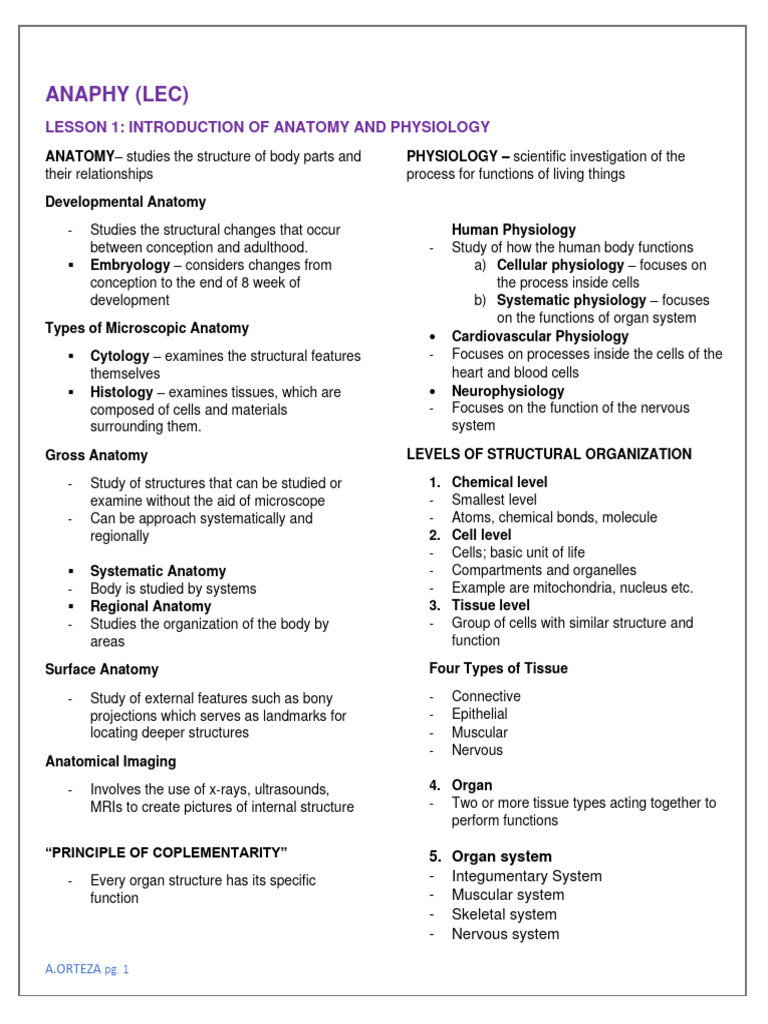 Anaphy Lec | PDF | Anatomical Terms Of Location | Cell (Biology)