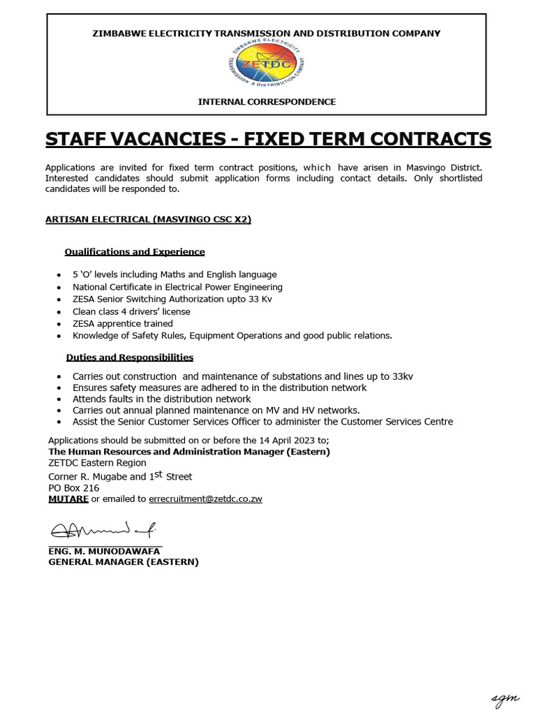 Advert - Masvingo CSC - Artisan Electrical X2 | PDF