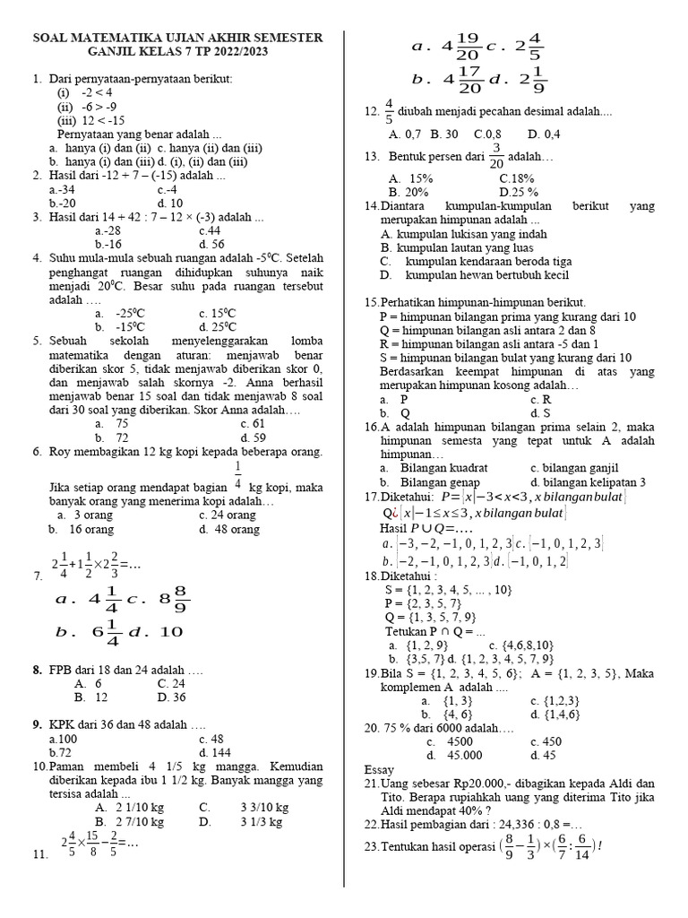 Soal Uas 7 Math Sem 1 | PDF