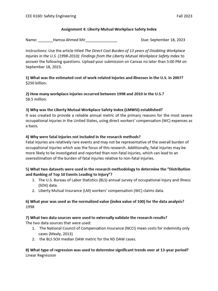 Hamza Assignment 4 Liberty Mutual Workplace Safety Index | PDF ...