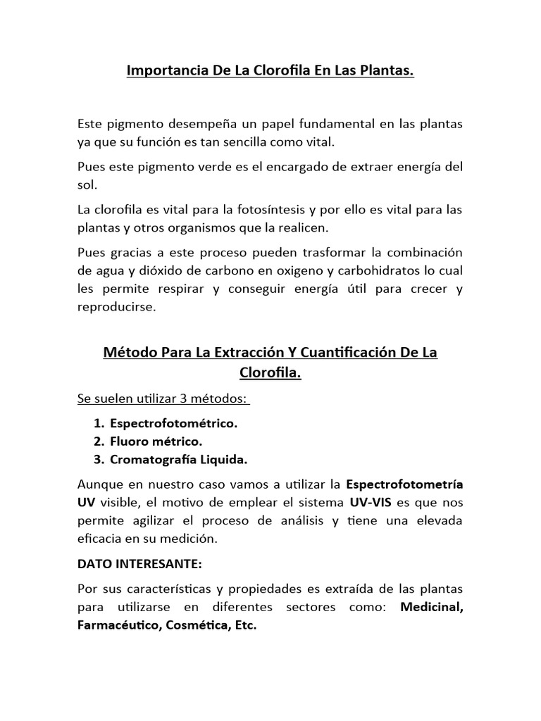 Importancia de La Clorofila en Las Plantas | PDF | Ciencia y matemáticas