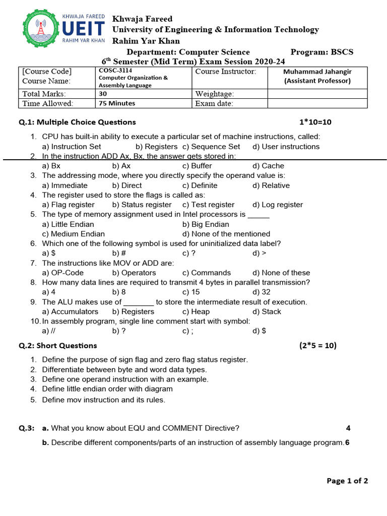 Bscs 6th Coa Midterm KFUEIT | PDF | Assembly Language | Office Equipment