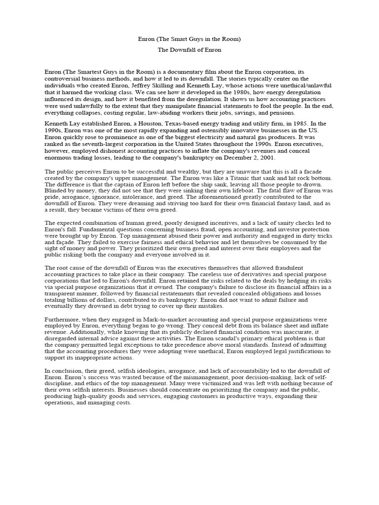 Enron (The Smart Guys in The Room) The Downfall of Enron Summary and ...