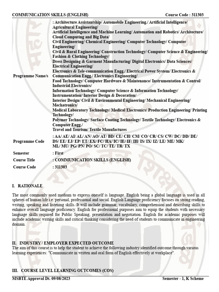311303-Communication Skills (English) Syllabus | PDF | Word | Engineering