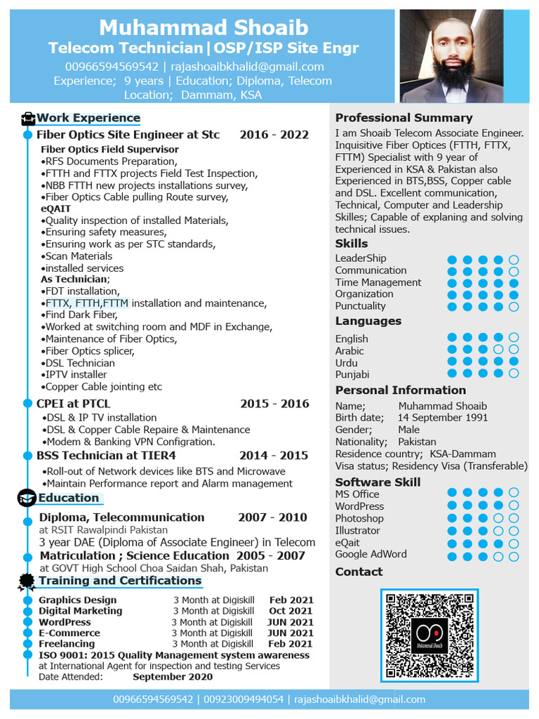 Shoaib Telecom Resume | PDF | Fiber To The X | Telecommunications