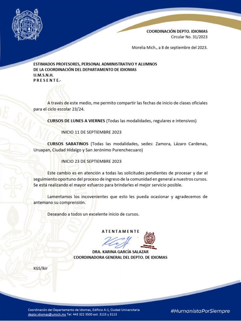 Circular No. 31 - Inicio de Clases | PDF