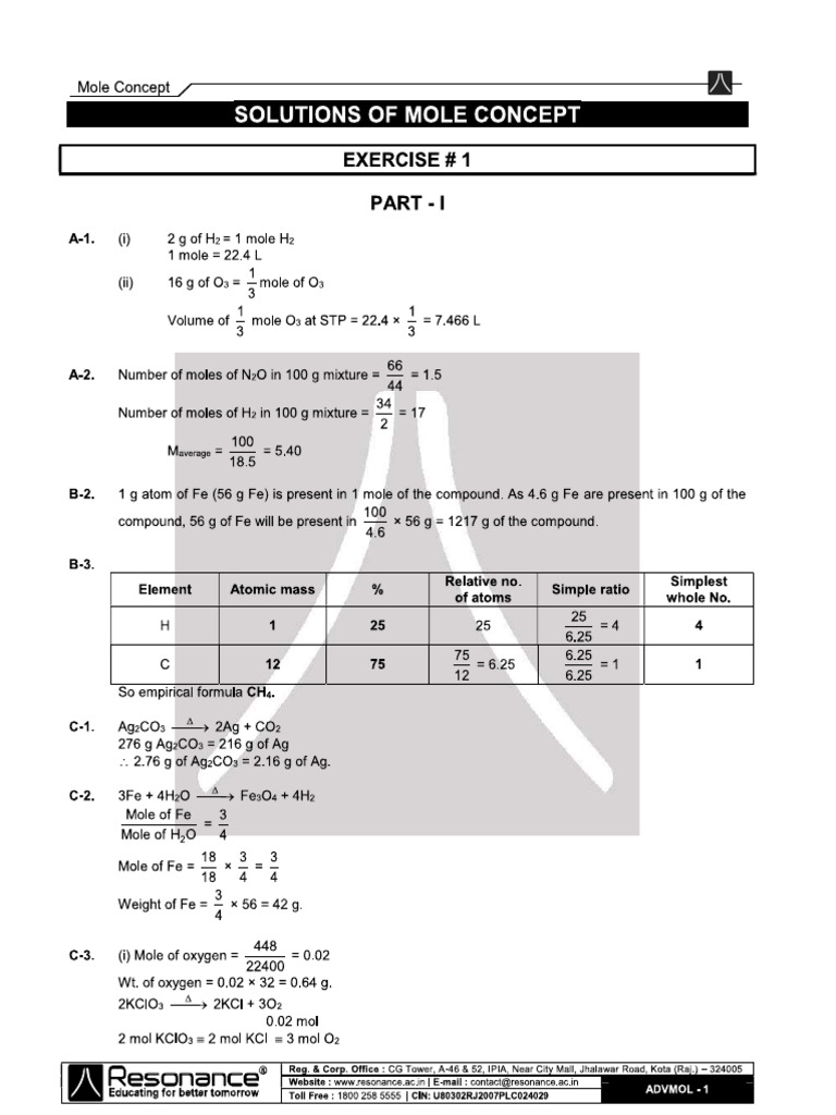 Mole Concept - Exercise Solution | PDF