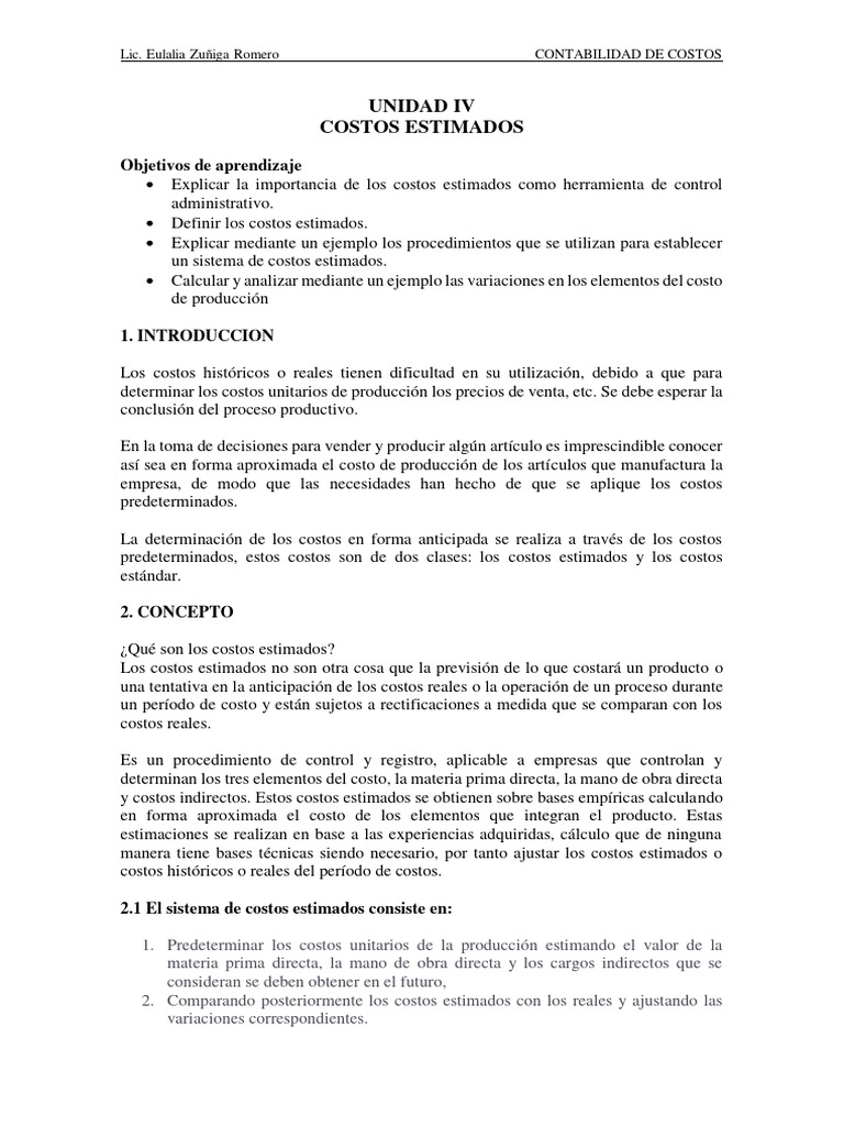 Tema N°4 Costos Estimados | Descargar gratis PDF | Presupuesto | Costo