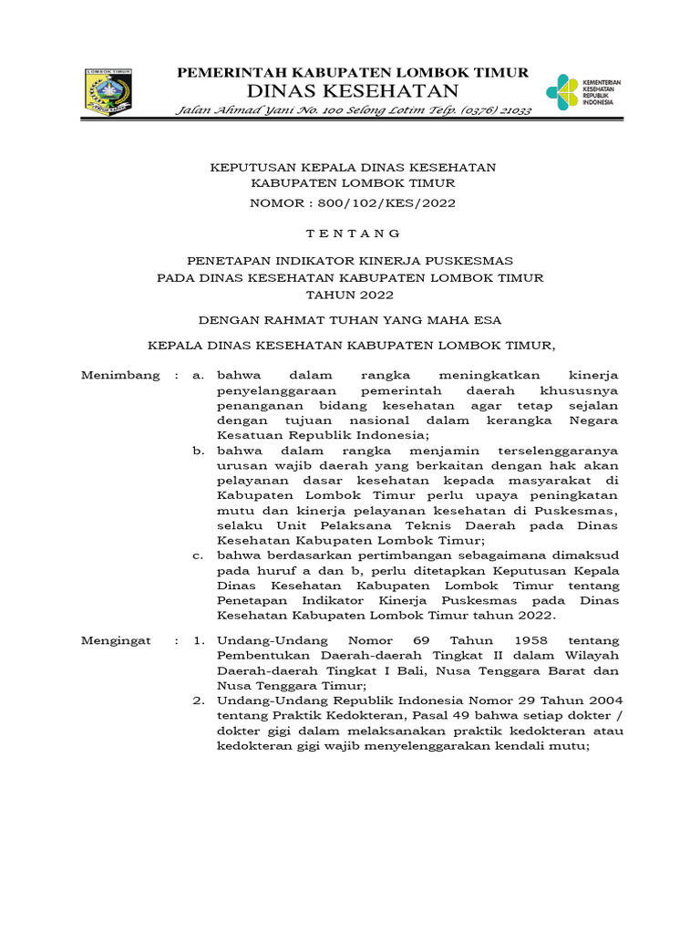 SK Kadis TTG Indktr Kinerja PKM - 22 | PDF