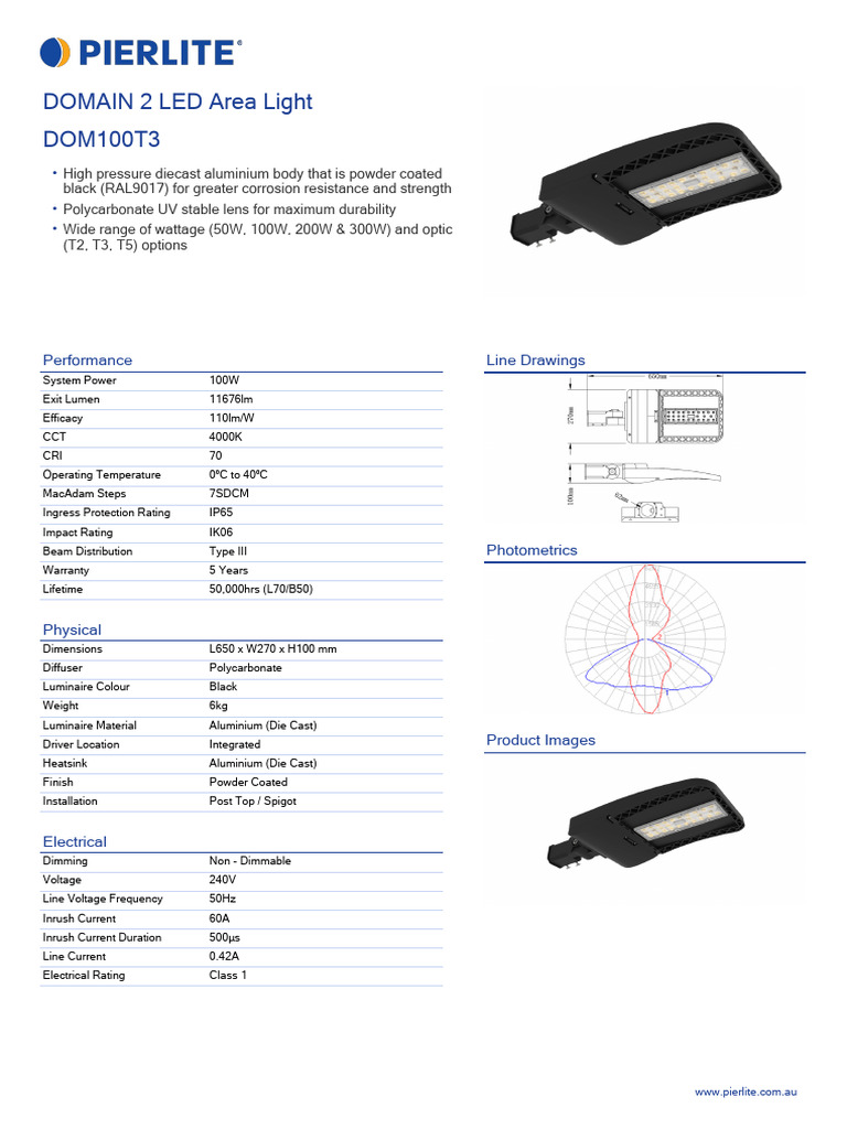 Pierlite-Domain 2 Led Area Light Dom100t3 | PDF | Materials | Electricity