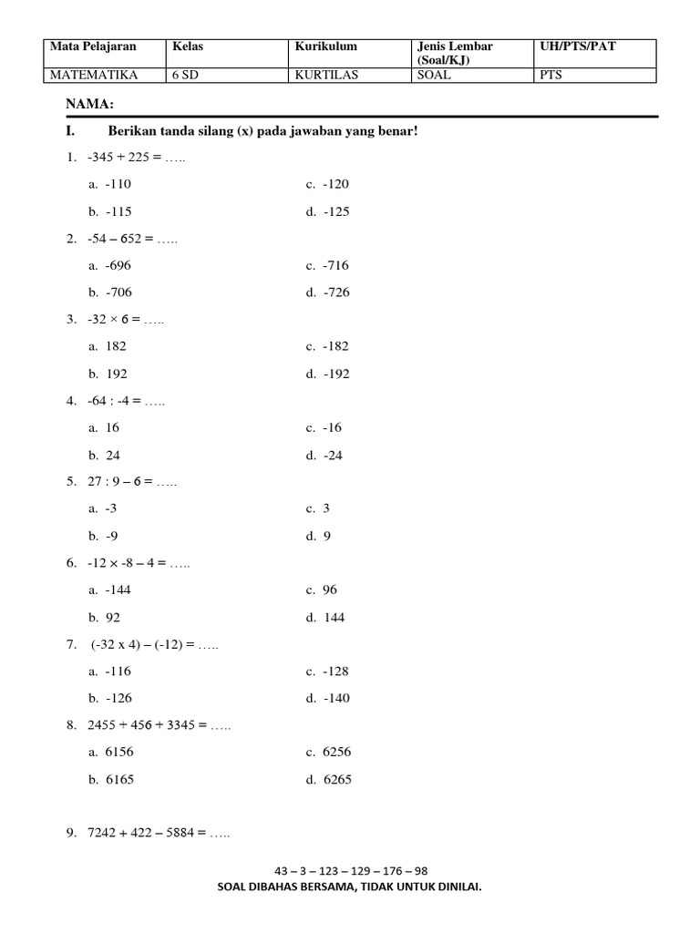 Soal PTS MTK Kelas 6 | PDF