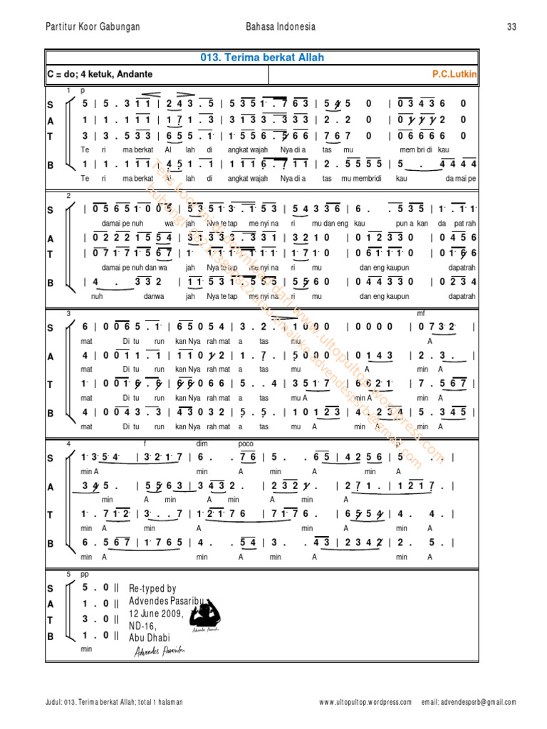Partitur Koor Terima Berkat Allah | PDF