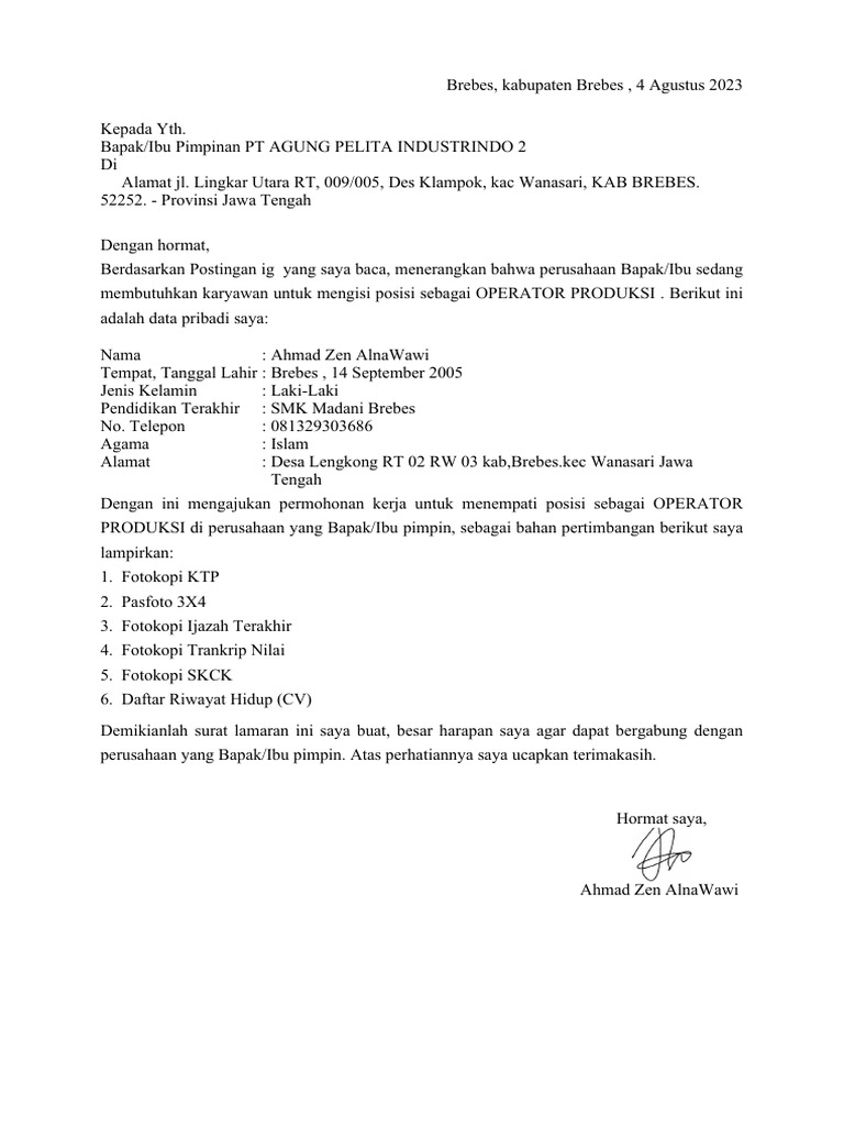 Lamaran PT API | PDF