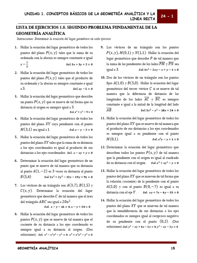 Lista de Ejercicios 1.8. Segundo Problema de La Ga | Descargar gratis PDF | Geometría analítica ...