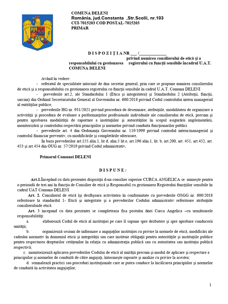 DISPOZITIe Consilier de Etica | PDF