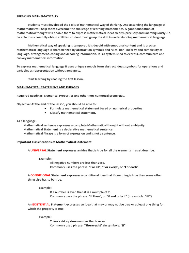 Material - Speaking Mathematically - Statements and Phrases | PDF ...