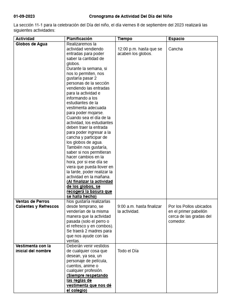 Cronograma para Actividades Del Dia Del Niño - 11-1 | PDF