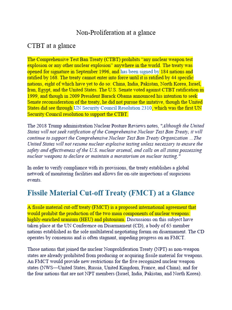Non Proliferation Treaties | PDF | Treaty On The Non Proliferation Of Nuclear Weapons | Nuclear ...