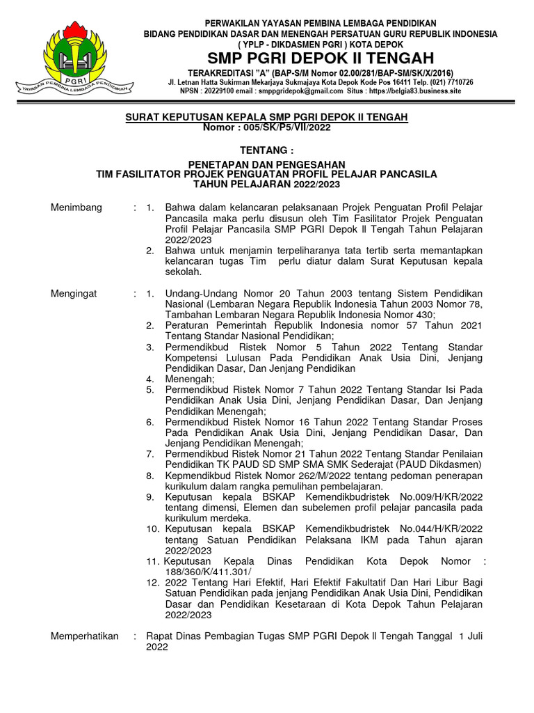 SK Fasilitator Project Tahun Pelajaran 2022-2023 | PDF