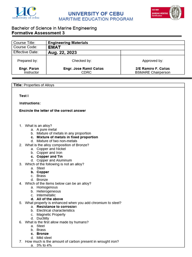 EMAT FA1.3 - Q1.3 Properties of Alloys | PDF | Alloy | Steel