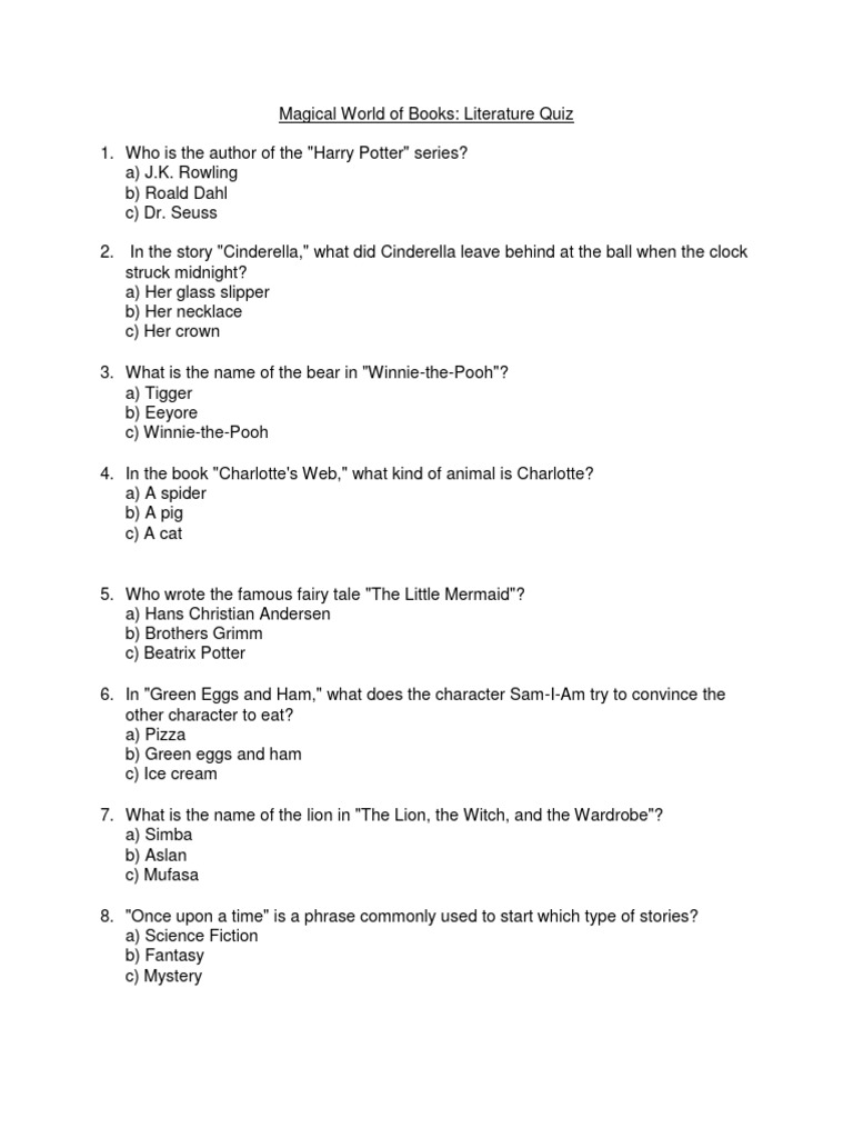 The Magical World of Books - Literature Quiz 1 | PDF | General Fiction