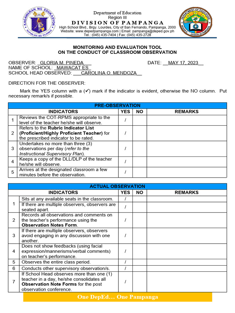 MET On Conduct of Classroom Observation As of MAY 17 Mam Camsdocx | PDF | Teachers | Behavior ...