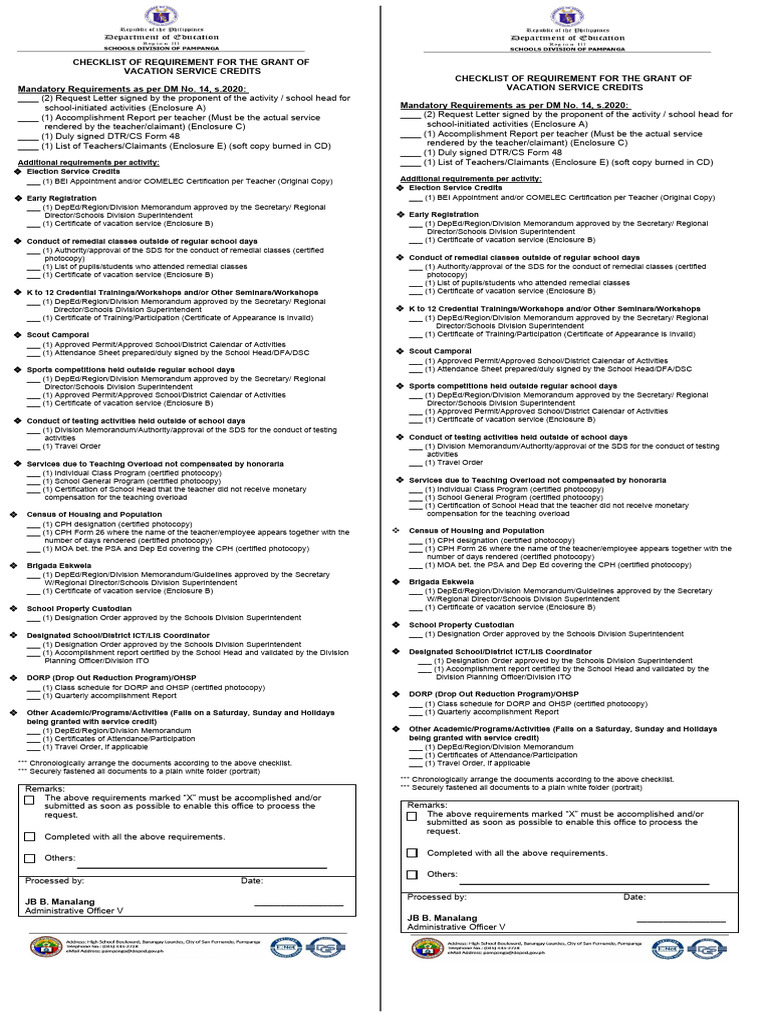 Checklist of Requirements For Service Credits | Download Free PDF ...