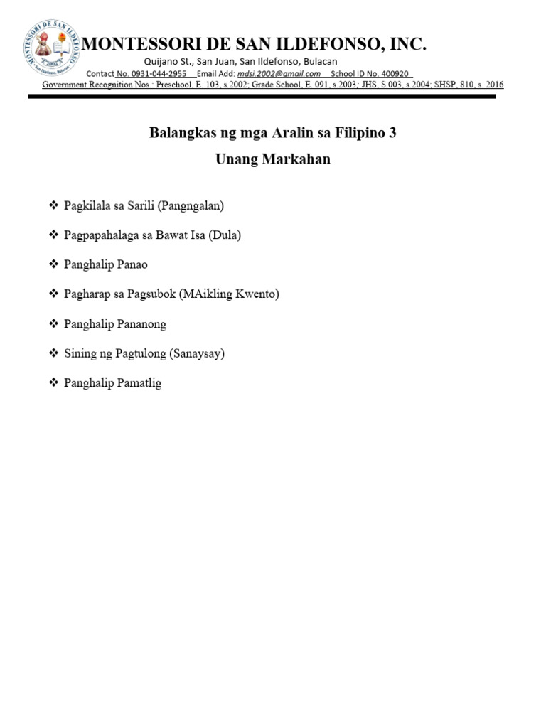 Balangkas NG Mga Aralin Sa Filipino 3 | PDF