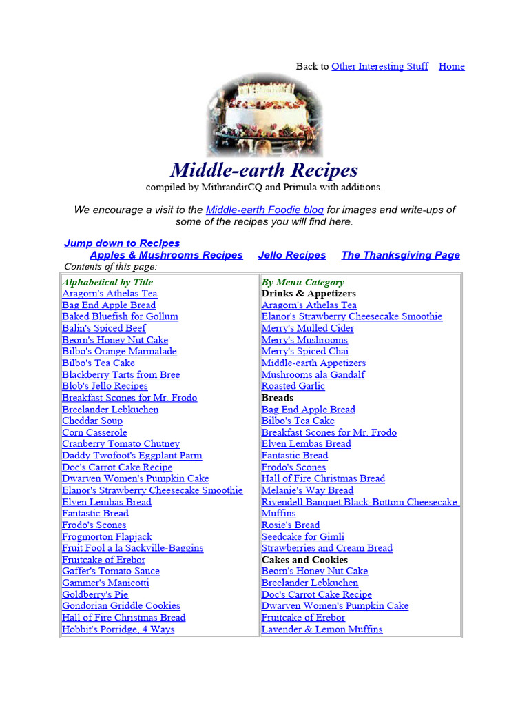 Middle-Earth Recipes - Recipes For Hobbits and Elves | PDF | Cakes | Baking