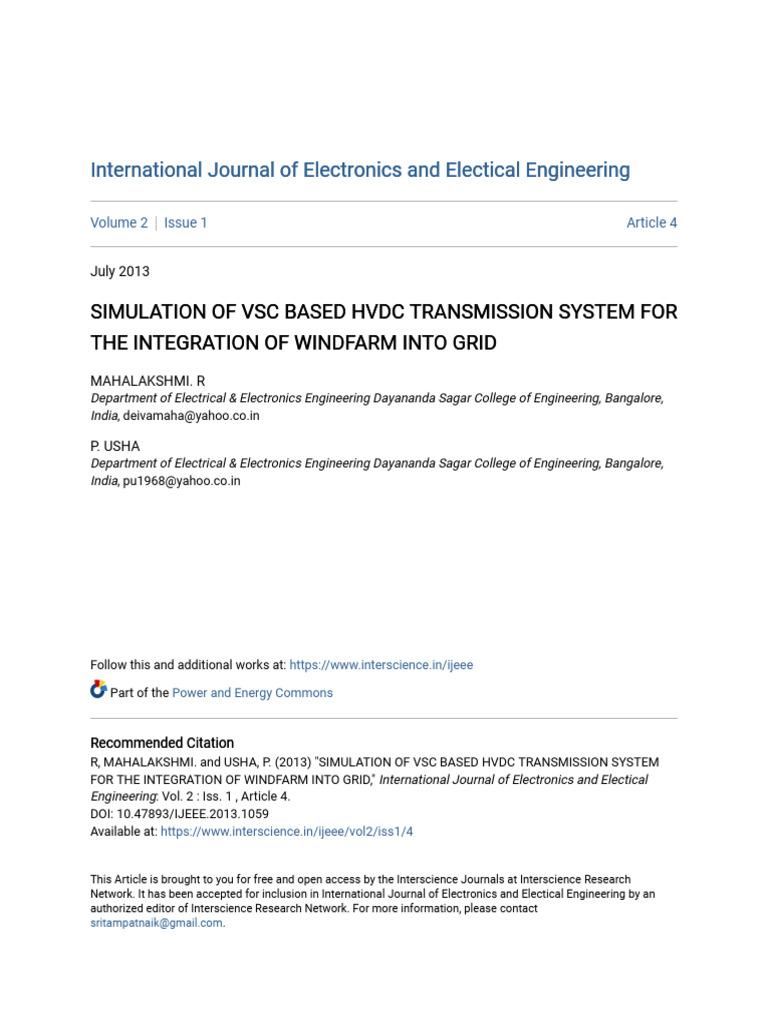 Simulation Of Vsc Based Hvdc Transmission System For The Integrat Pdf