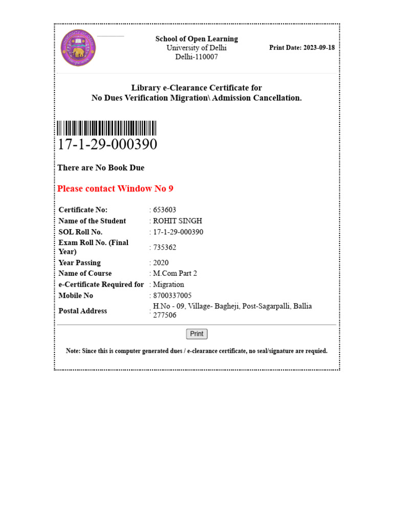 SOL Library Clearance Certificate | PDF