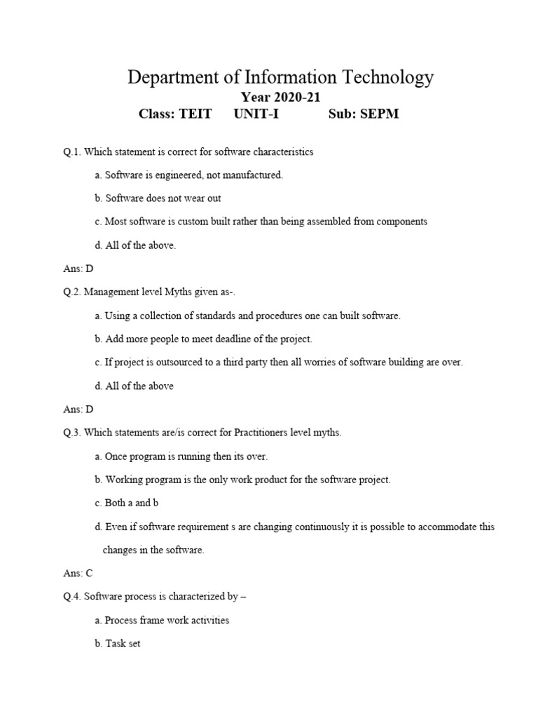 UNIT-I SEPM Objective Questions | PDF | Software Development Process | Verification And Validation