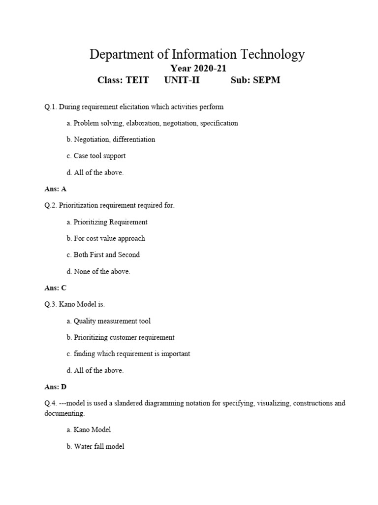 UNIT-II SEPM Objective Questions | PDF | Unified Modeling Language | Use Case