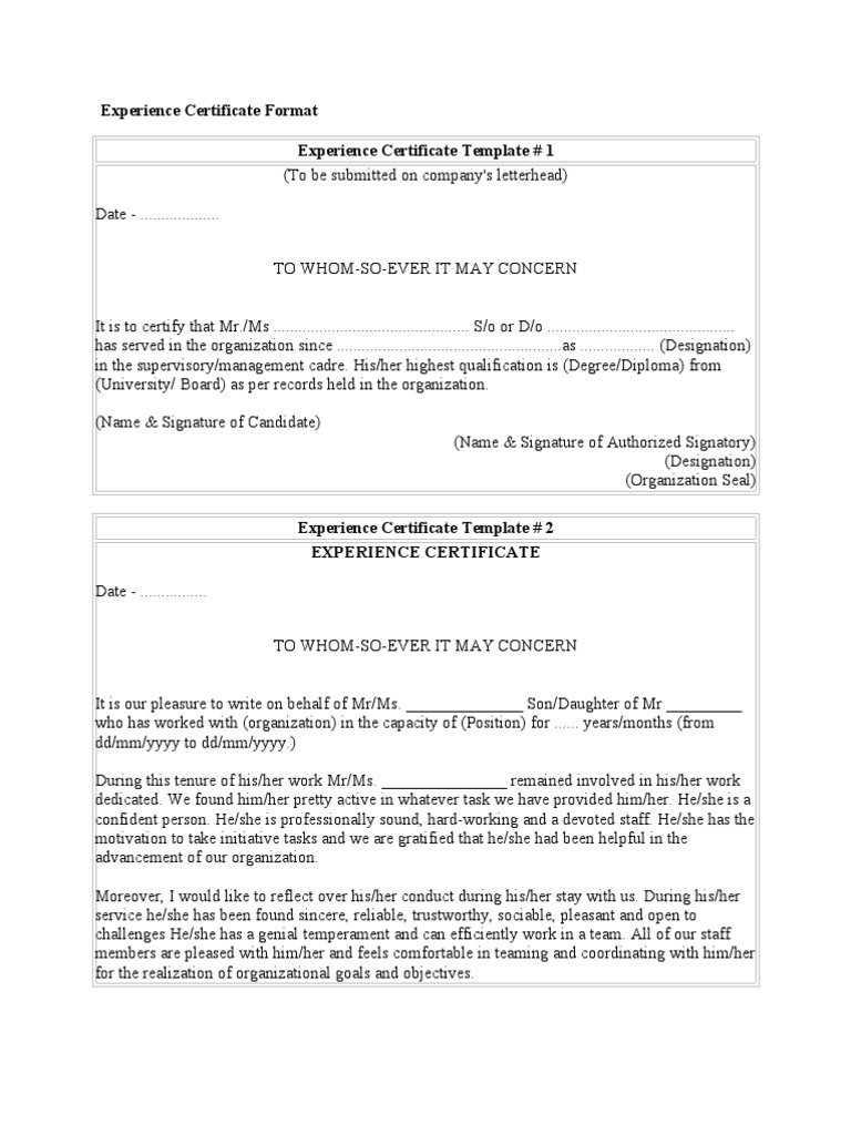 Template For Experience Certificate