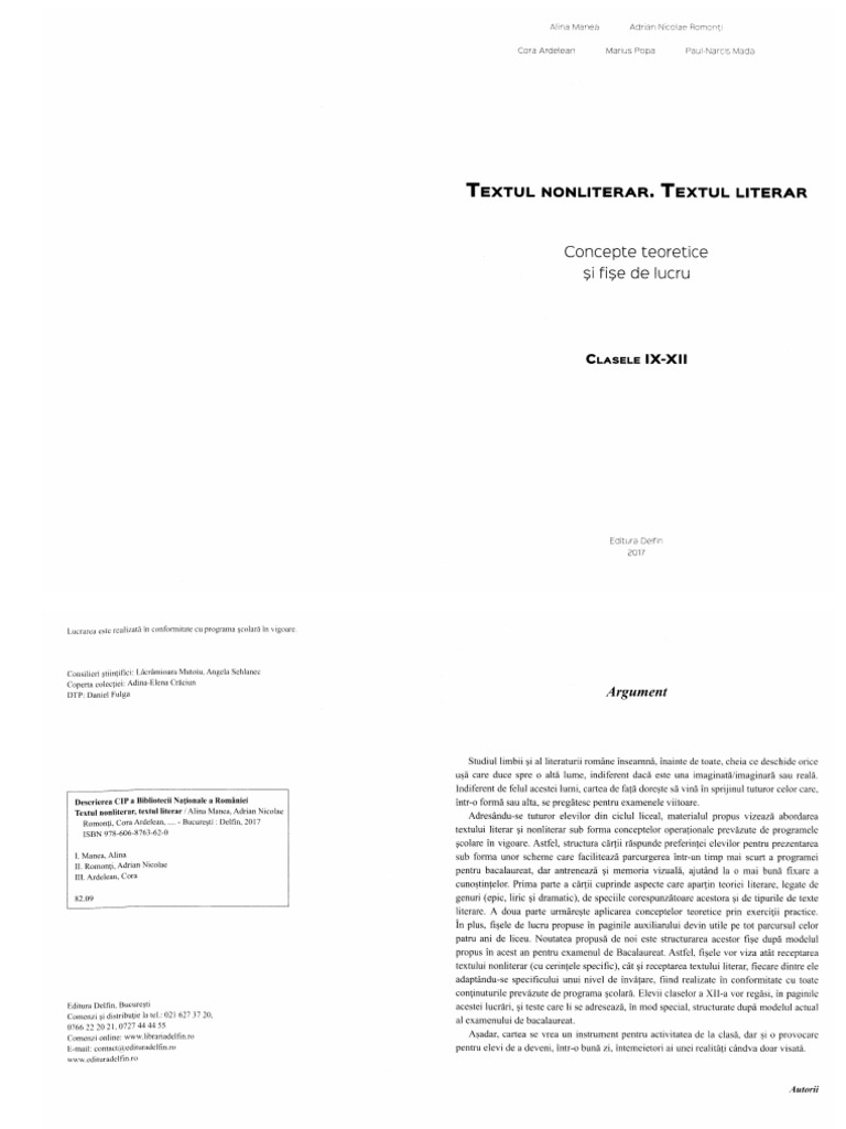 Textul Nonliterar Textul Literar Concepte Teoretice Si Fise de Lucru ...