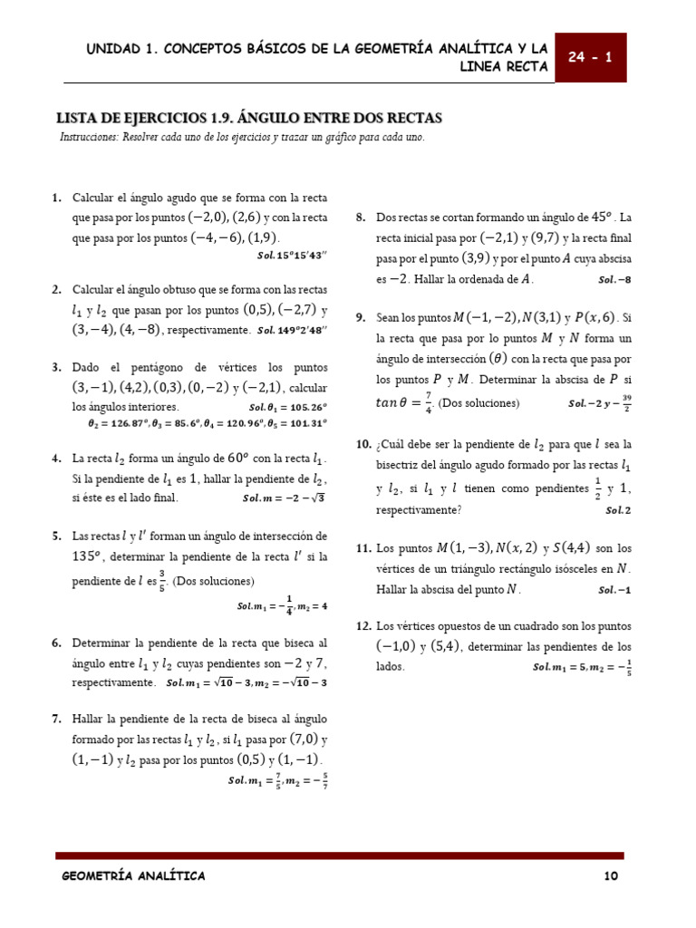 Lista de Ejercicios 1.10. Angulo Entre Dos Rectas | PDF | Línea ...