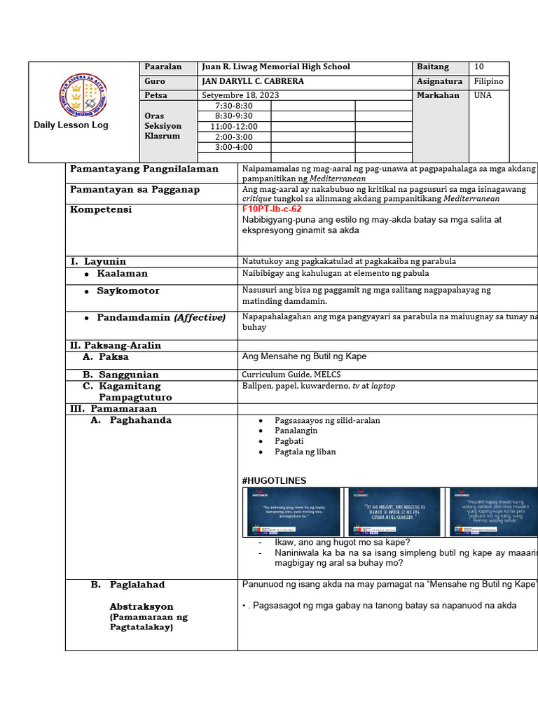 IRIS DLL Q1 Week2 Day3 Parabula | PDF